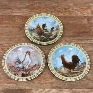 Accents | 3 Decorative Rooster Hen Plates Fence Border Farm Charm ...